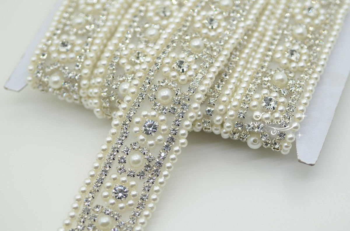 1 Yard Pearls Crystal Rhinestone Beaded Trim Applique Iron on Bridal ...