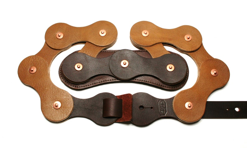 Leather Guitar Strap Bike Chain Link Tan & Dark Brown With Shoulder Pad ...