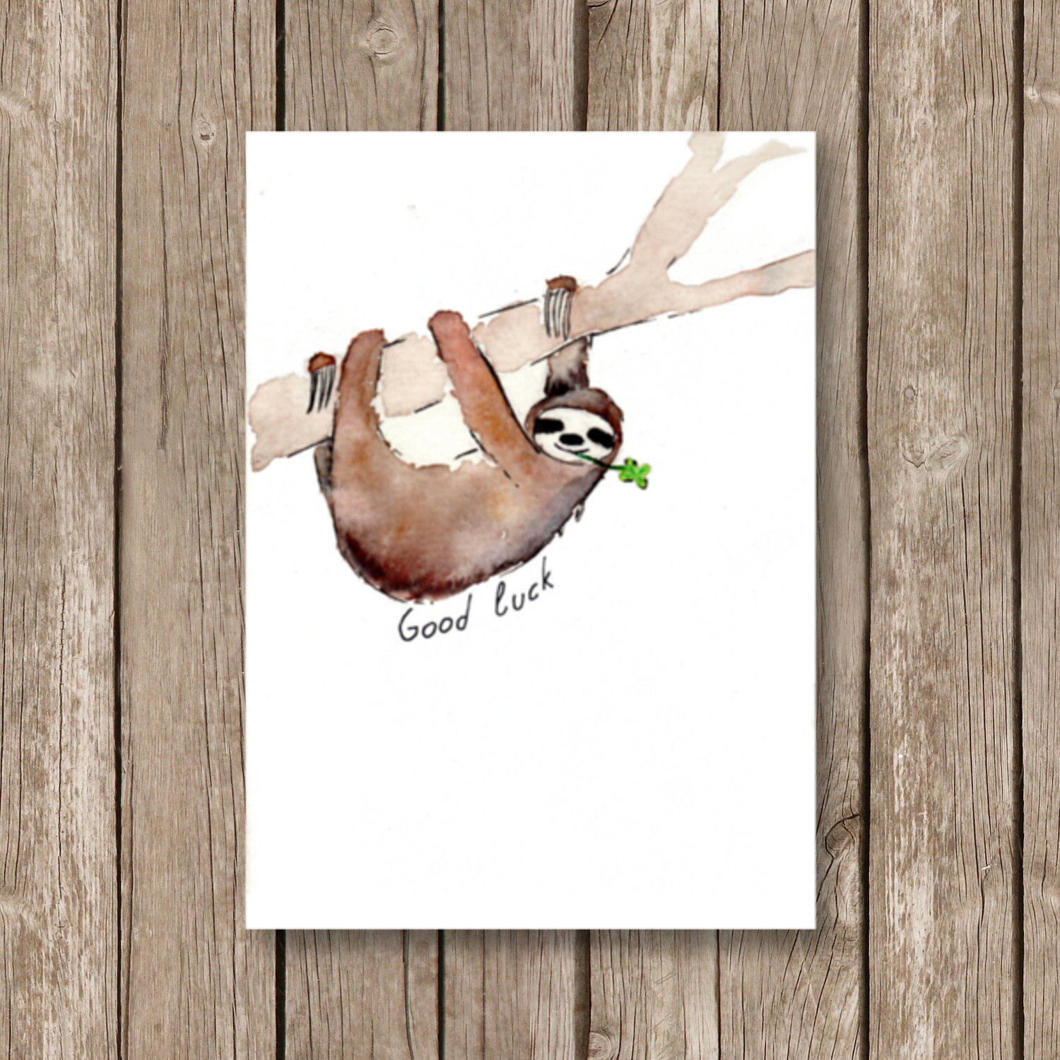 printable sloth card good luck cloverleave watercolor on | Etsy