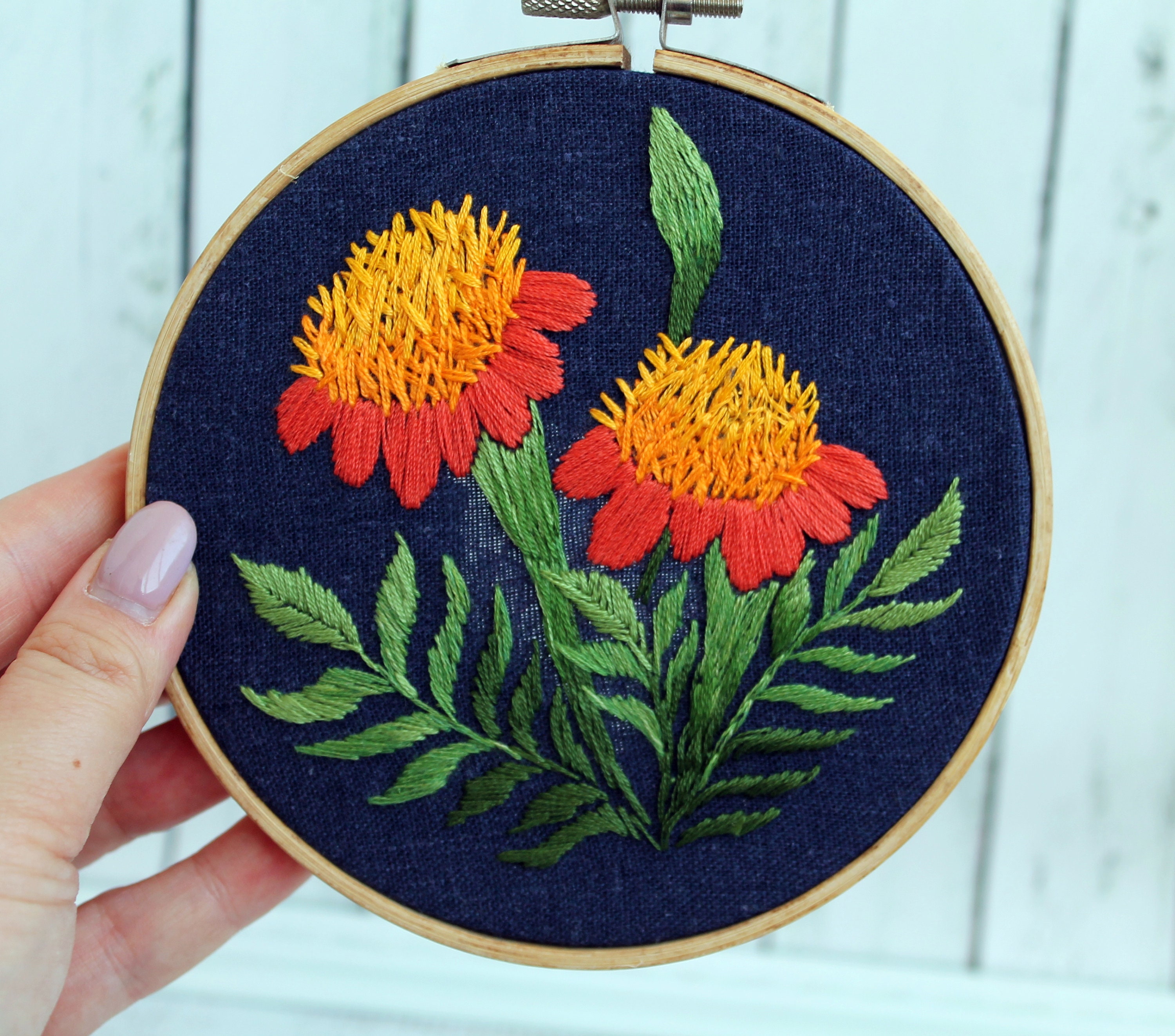 Embroidery Hoop Art Marigold Hand Embroidered Wall Decor Great | Etsy