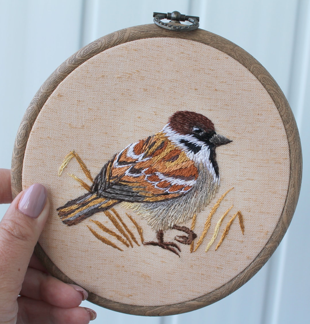 Embroidery Hoop Art Wall Sparrow Home Decor Hand Embroidered Silk Brown ...