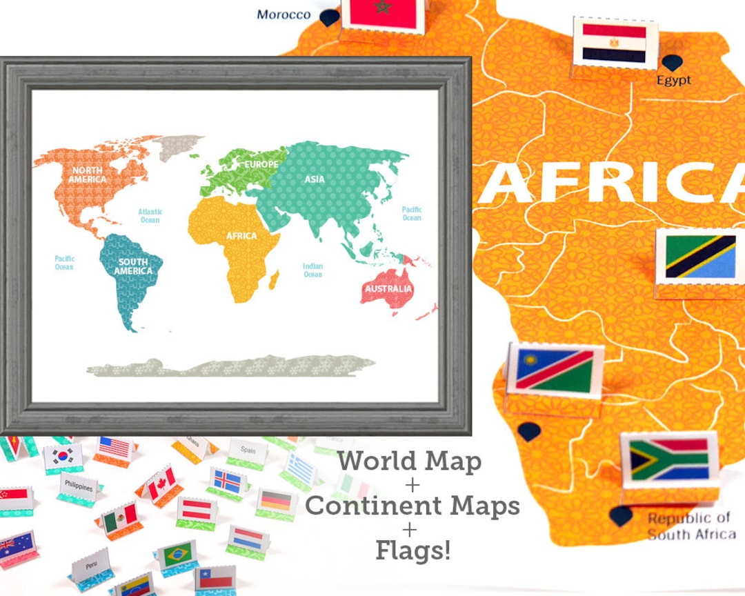 World Map + World Flags / Learning Toys / Wall Art / Kids Room Decor - Etsy