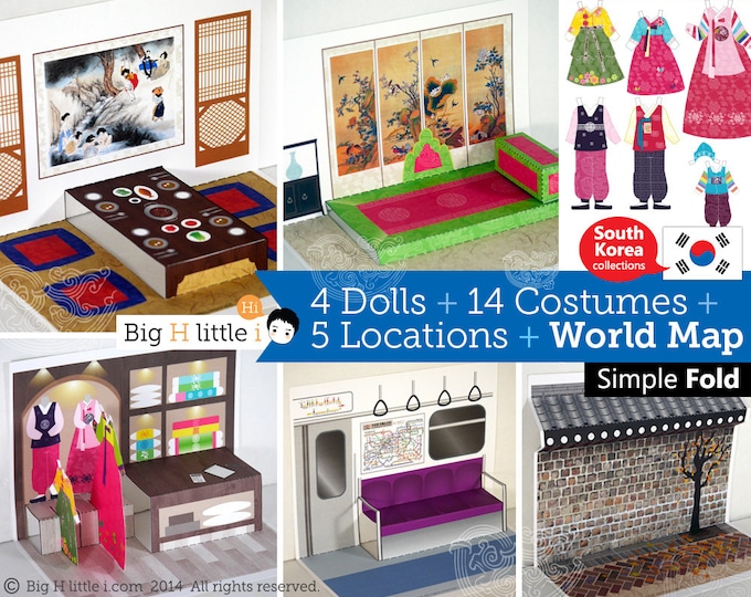 World Map + Paper Dolls + Korean Traditional Costumes + Locations in ...