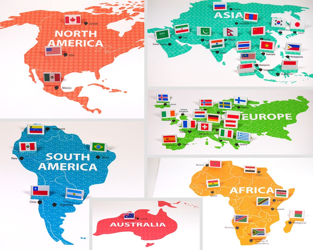 World Map World Flags / Learning Toys / Wall Art / Kids Room Decor - Etsy