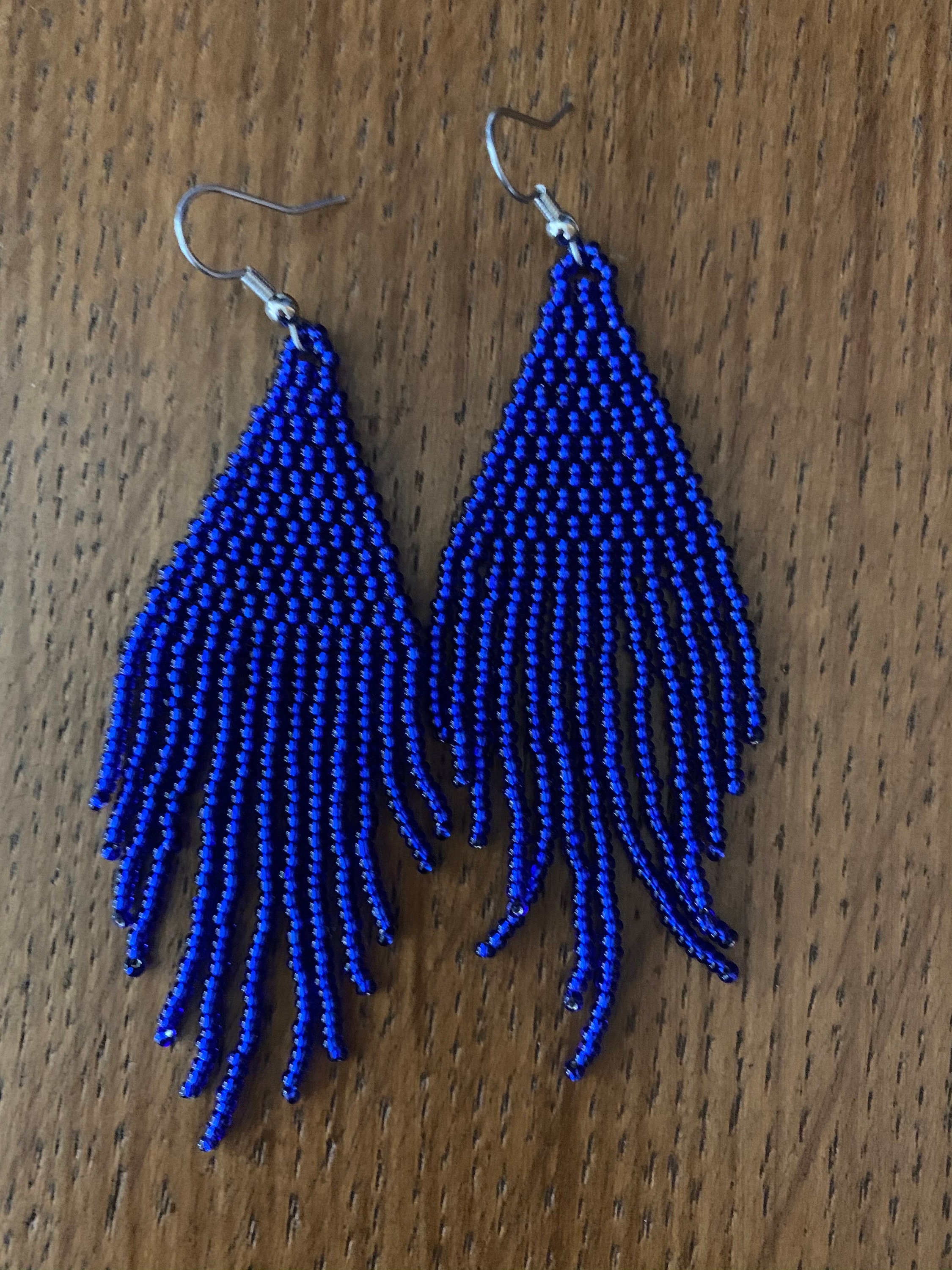 Shinny Blue Long Fringe Handwoven Seed Bead Earrings, Boho Style ...
