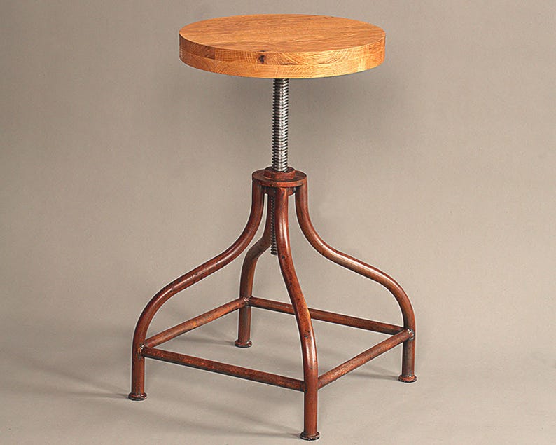 Rustic Industrial Adjustable Bar Stool With Wood Seat - Handcrafted ...