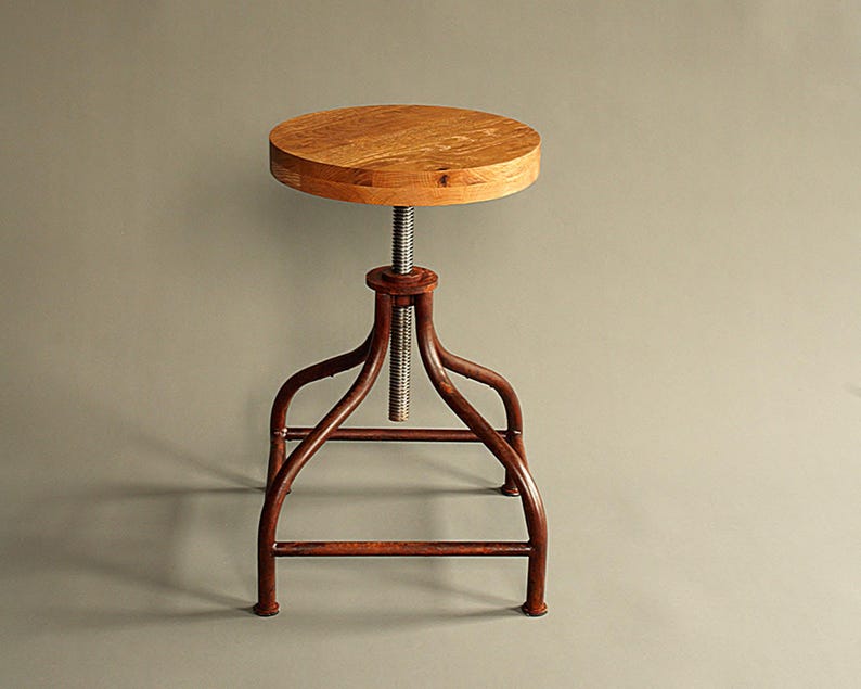 Rustic Industrial Adjustable Bar Stool With Wood Seat - Handcrafted ...