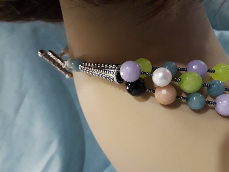 Three Strand Assorted Jade, Fresh Water Pearl and Zimbabwe Jasper ...