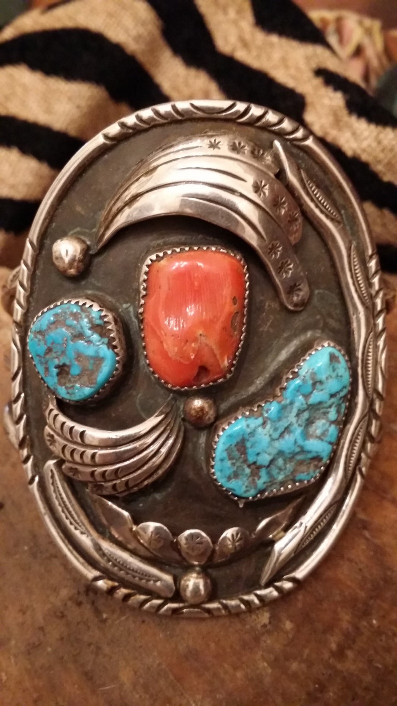 Vintage Navajo Native American Sterling Silver Turquoise and Coral Cuff ...