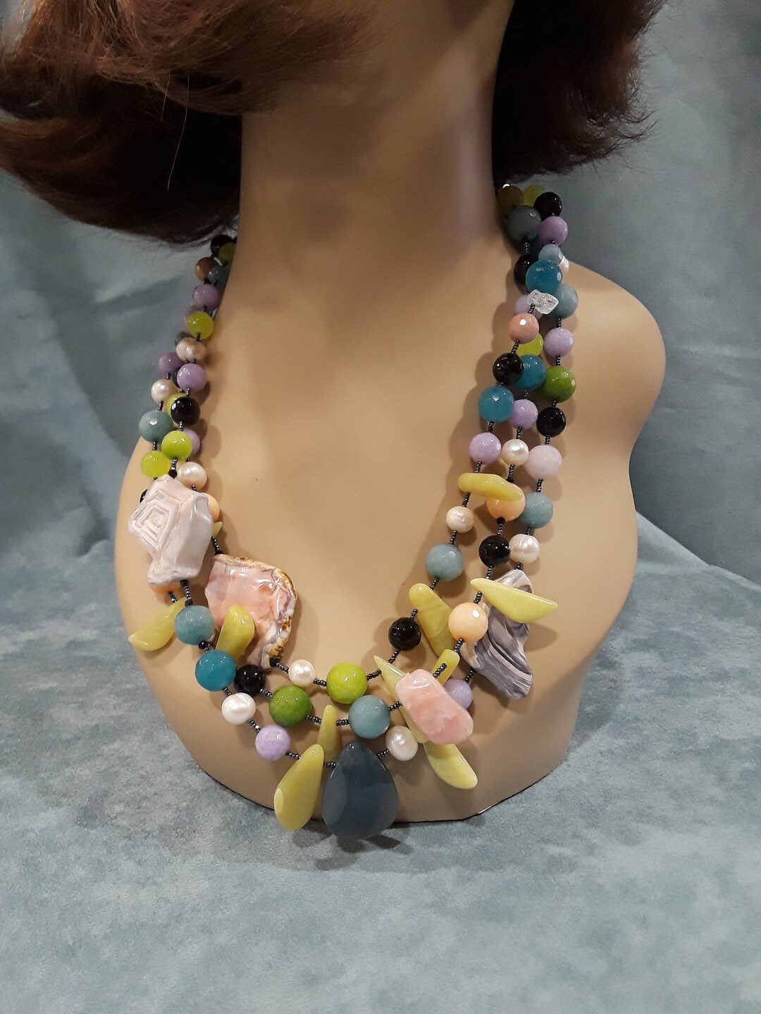 Three Strand Assorted Jade, Fresh Water Pearl and Zimbabwe Jasper ...