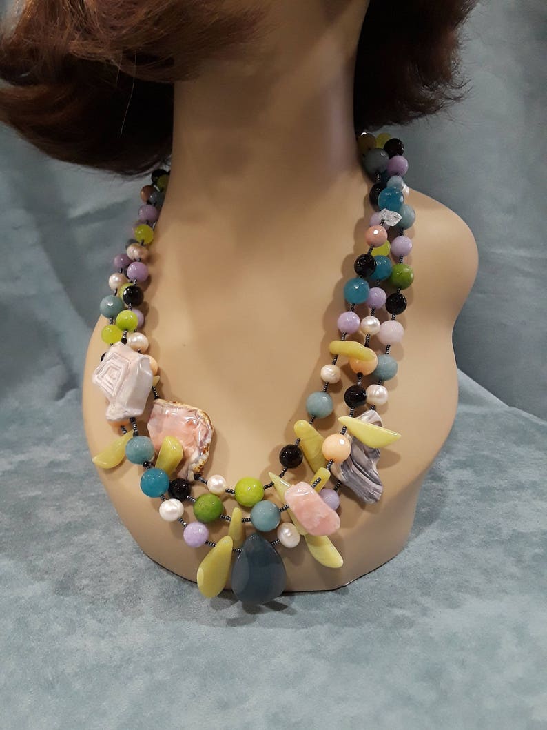 Three Strand Assorted Jade, Fresh Water Pearl and Zimbabwe Jasper ...