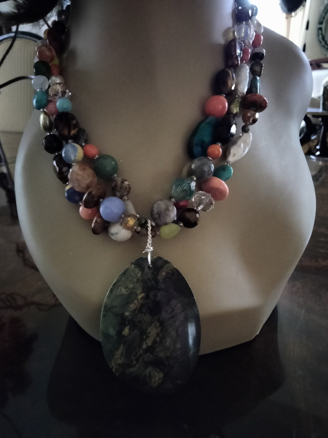 Three Strand Green Jasper and Assorted Stone Necklace With Pendant and ...