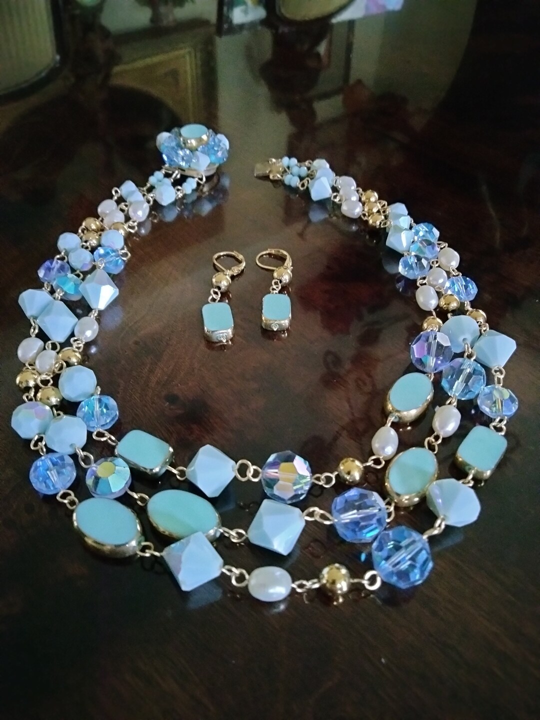 Three Strand Blue, Pearl Vintage Necklace With Earrings - Etsy