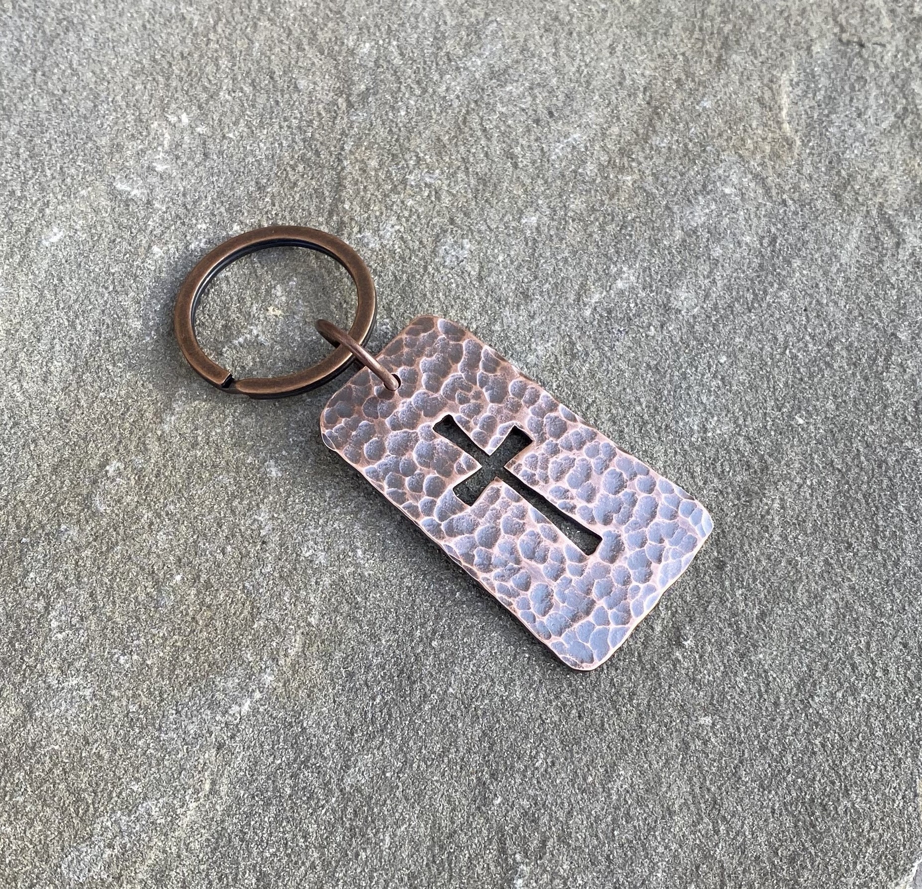Hammered Copper Keychain With Cross, Cross Keychain, Christian Keychain ...