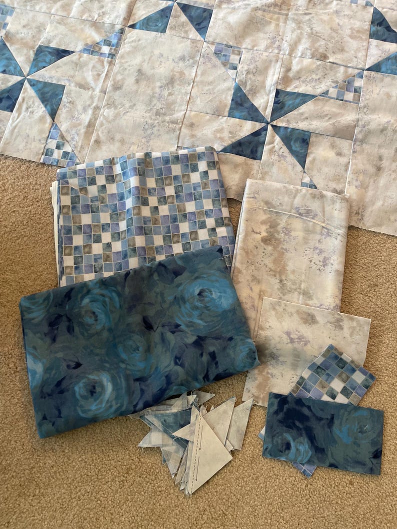 Unfinished PROJECT Quilt Top With Blue Grey Fabrics; Throw Quilt, Adult ...