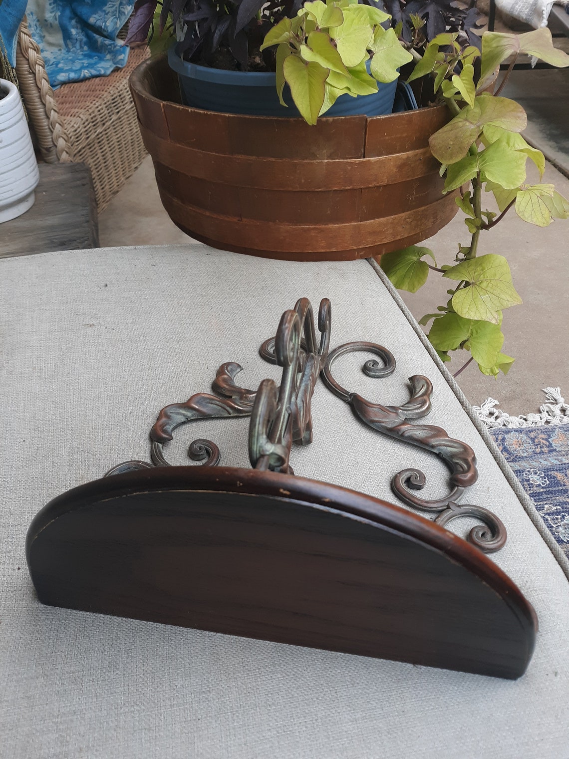 Vintage Ornate Metal Swirl Patten Three Branches Holding Wooden Shelf ...