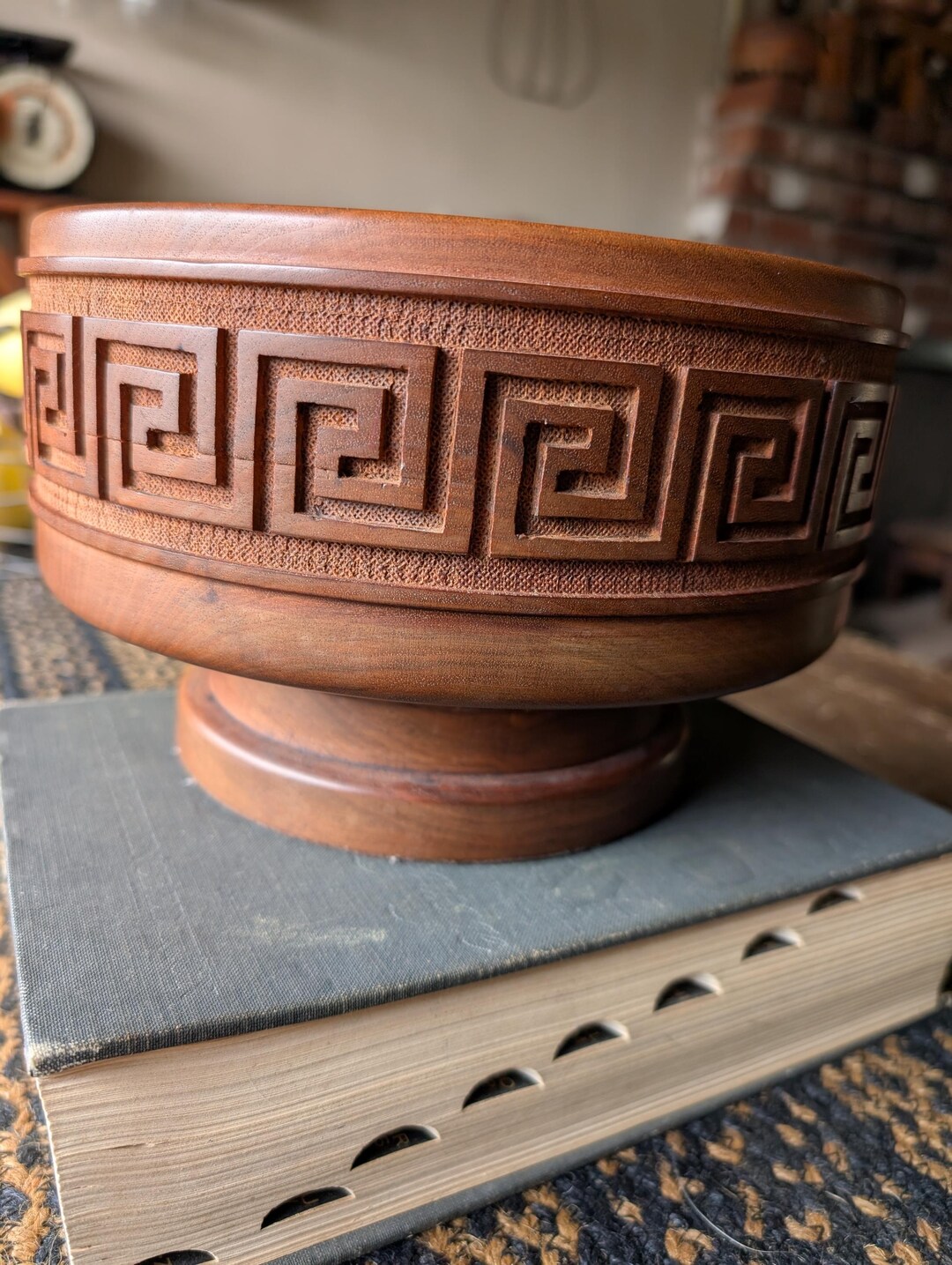 Vintage Mid Century Turned Wood Bowl Riser Greek Key Design Pattern ...