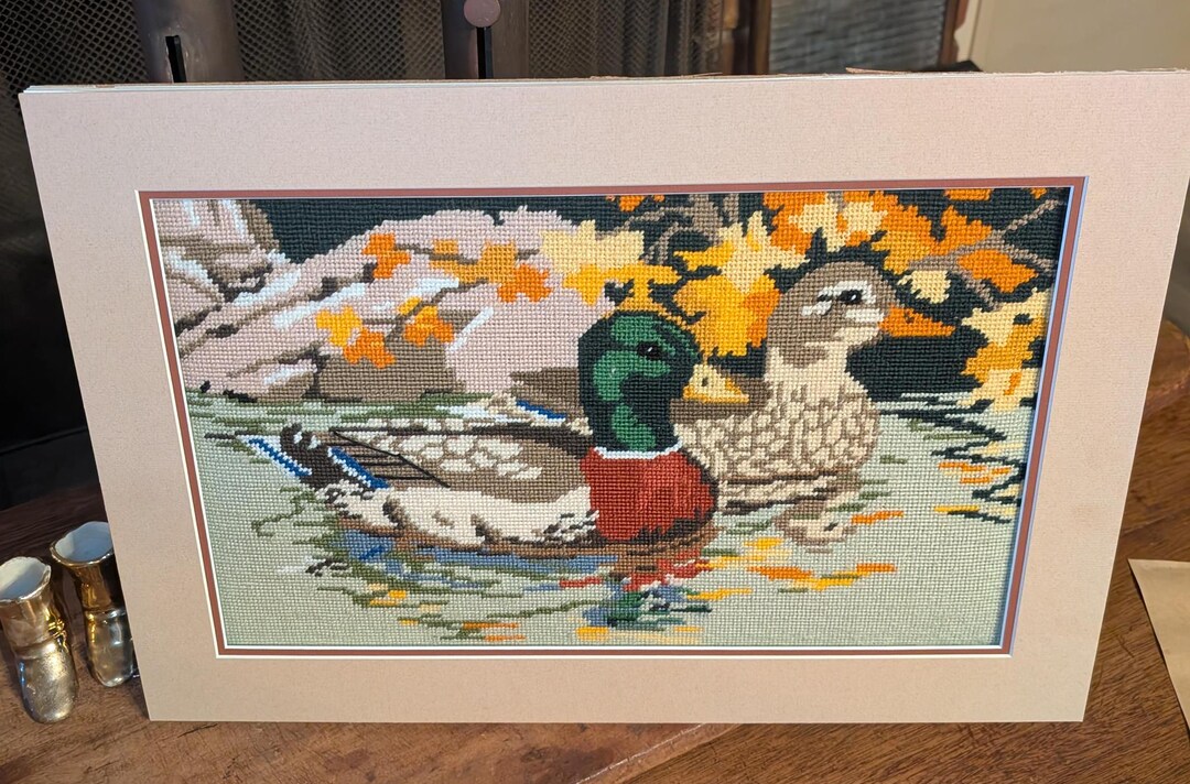 Vintage Needlepoint Art Featuring a Pair of Mallards Ducks Swimming in ...