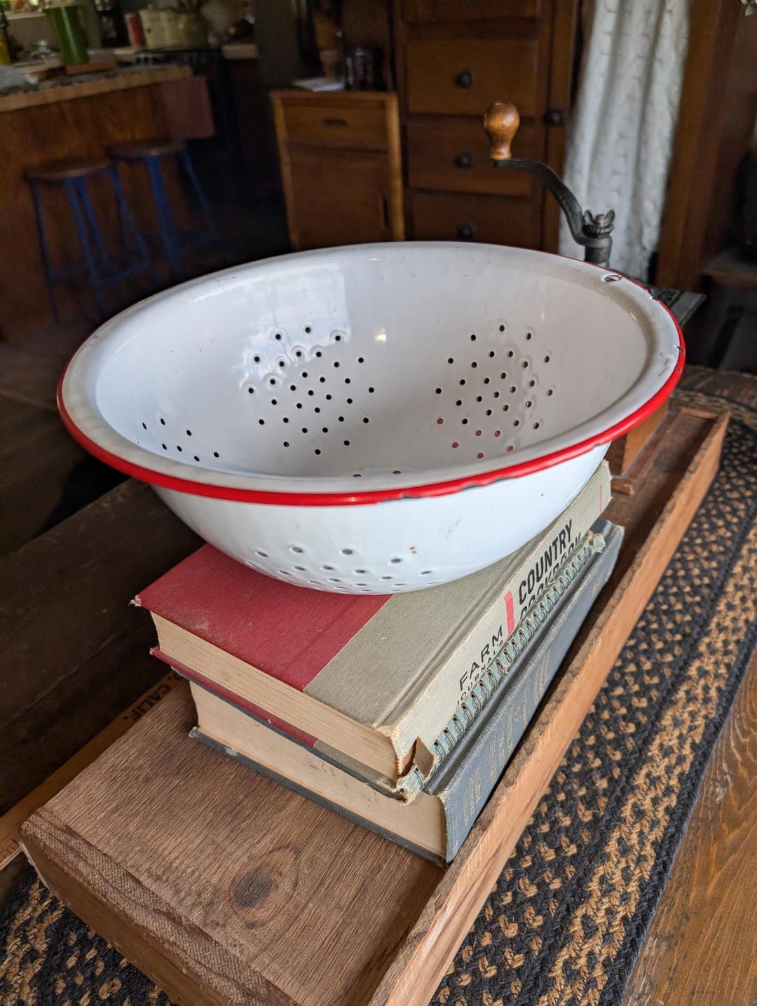 Vintage Large White Enamel Red Rim Footed Collander Strainer 11 ...