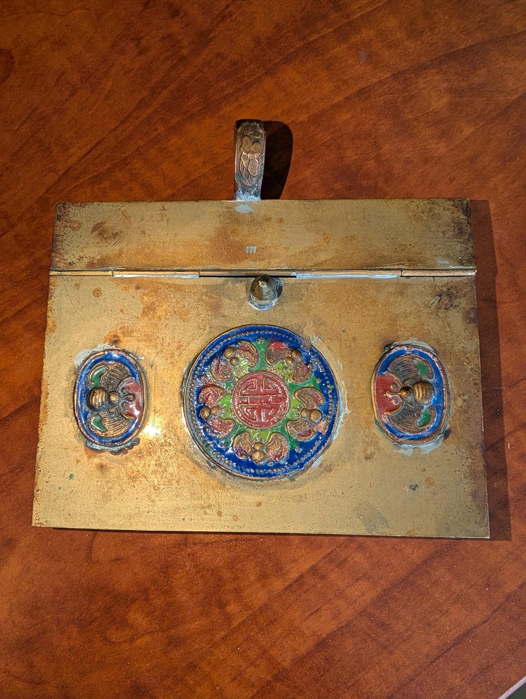Vintage Chinese Brass and Enamel Silent Butler/ Crumb Catcher. Blue and ...