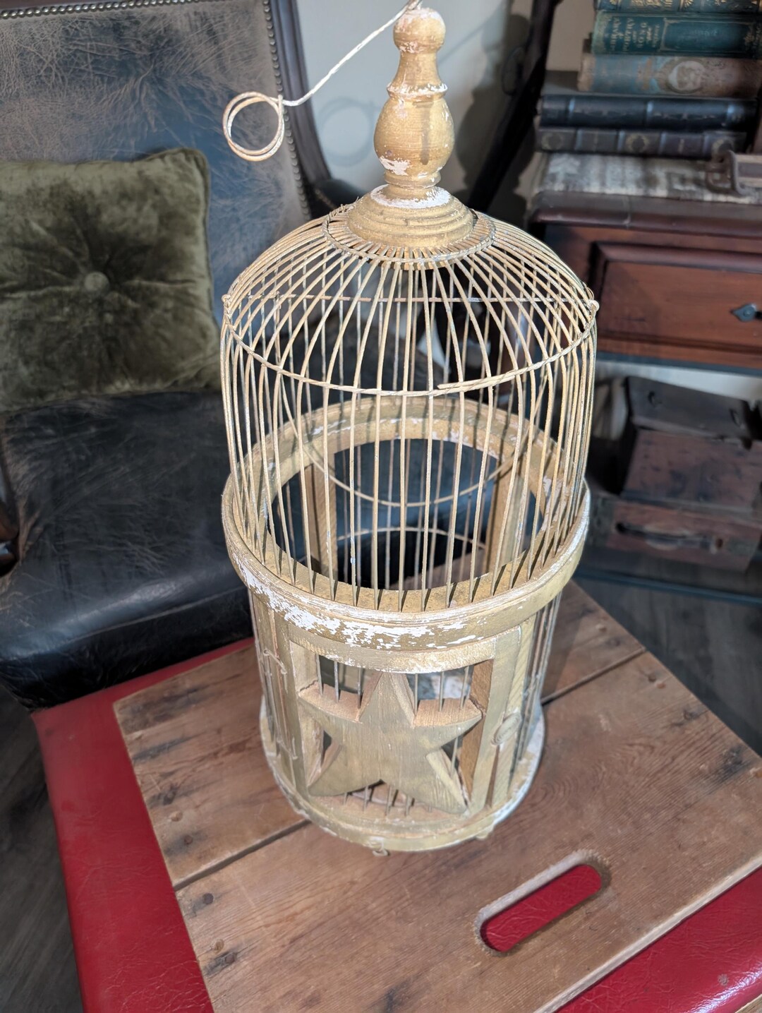 Vintage Primitive Old Rustic Wooden Bird Cage Hanging, Opens From ...