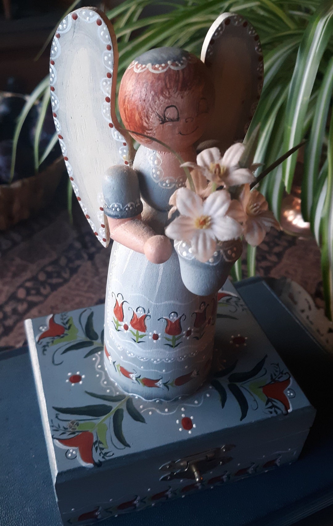 Vintage Primitive Folk Art Angel Music Box. Angel With Wings Holding a ...