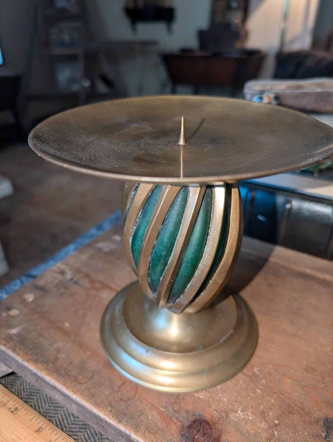 Vintage, MCM Solid Brass Pillar Spike Candle Holder, Brass With Green ...