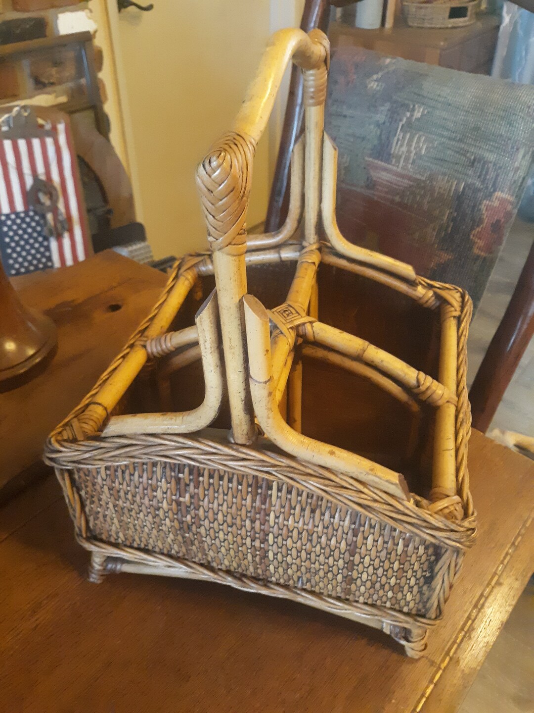 Vintage Bamboo Wicker Woven Bottle Holder Caddy. Picnic Caddy. Bohemian ...