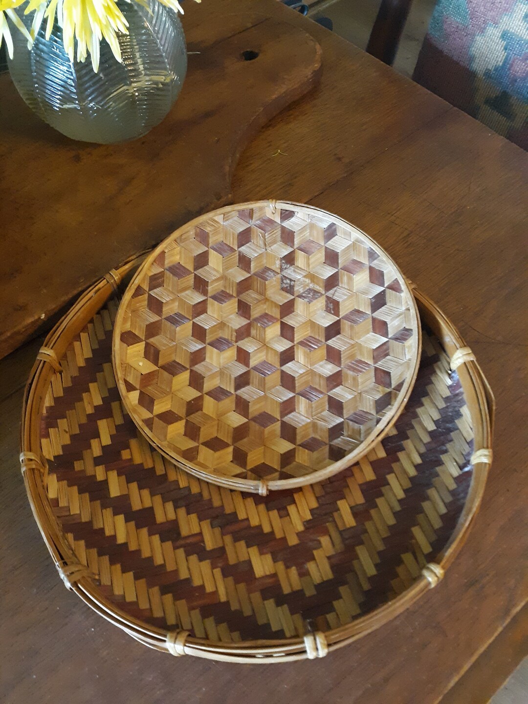 Vintage Wicker Rattan Round Basket Tray, Set of Two. Wall Art, Display ...