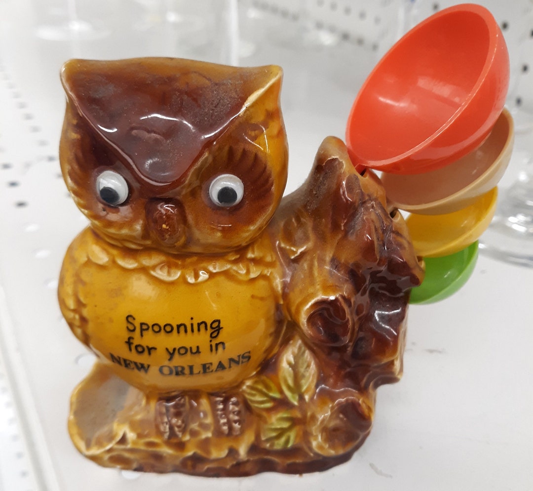 Vintage Owl Shaped Ceramic Measuring Spoon Holder Set, Kitchen, Baking ...