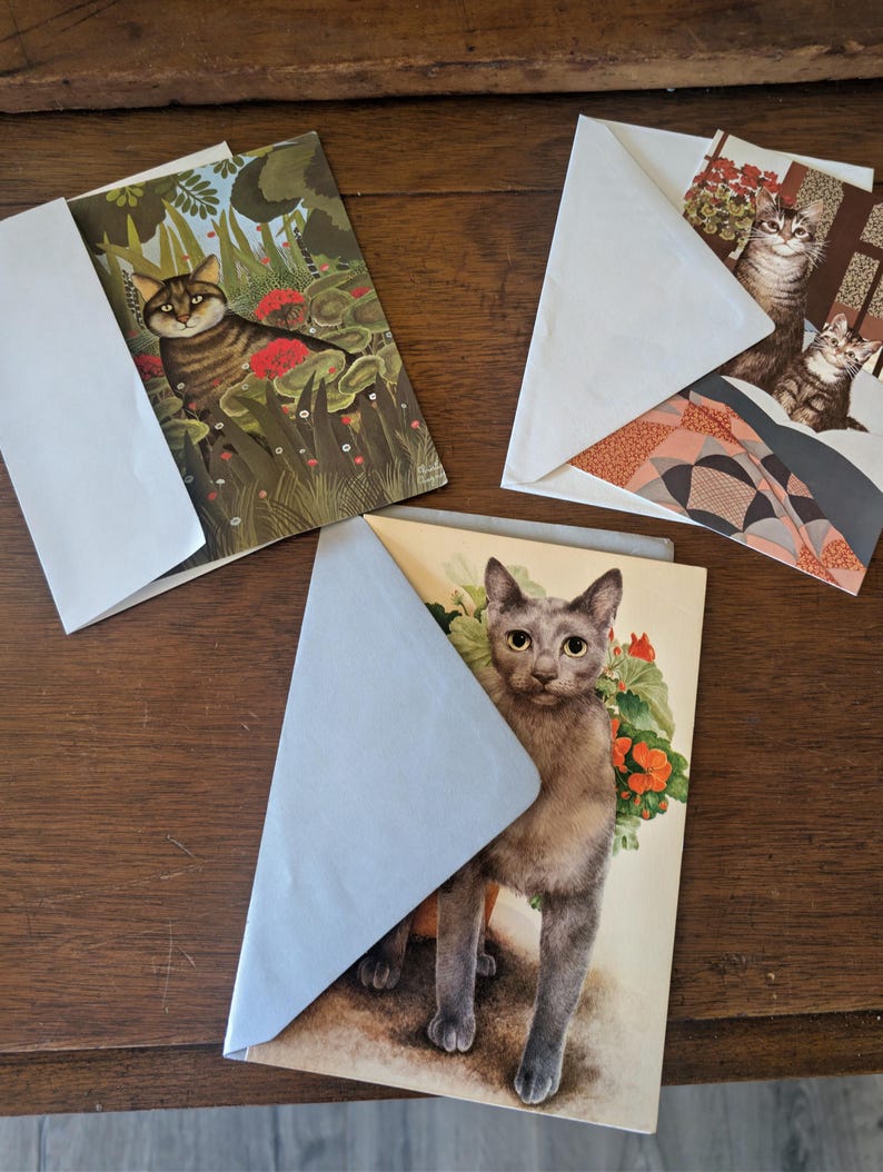 Vintage Cat Greeting Cards Three Cards Unused With Envelope, Cat Floral ...