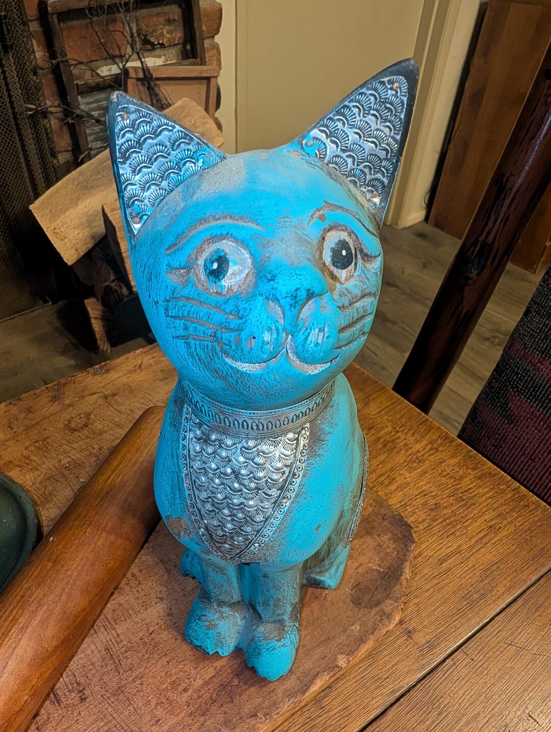 Vintage Wooden Blue Cat Statue With Silver Plated Detailing, Decorative ...
