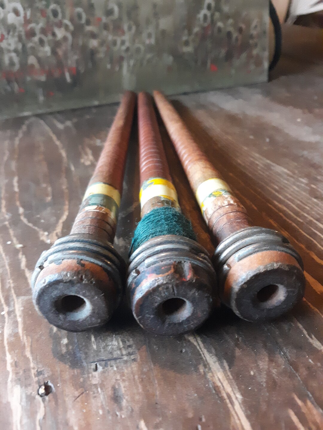 Vintage Wooden Sewing Spindle's Set of Three With Metal Detailing - Etsy