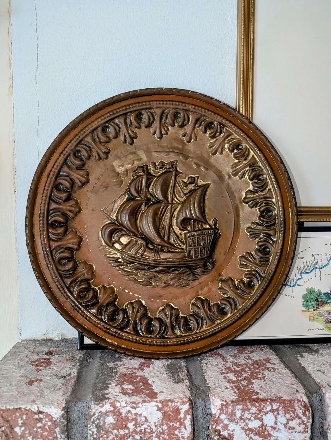 Vintage Mid Century Rustic Old World Copper Sailing Ship Embossed ...