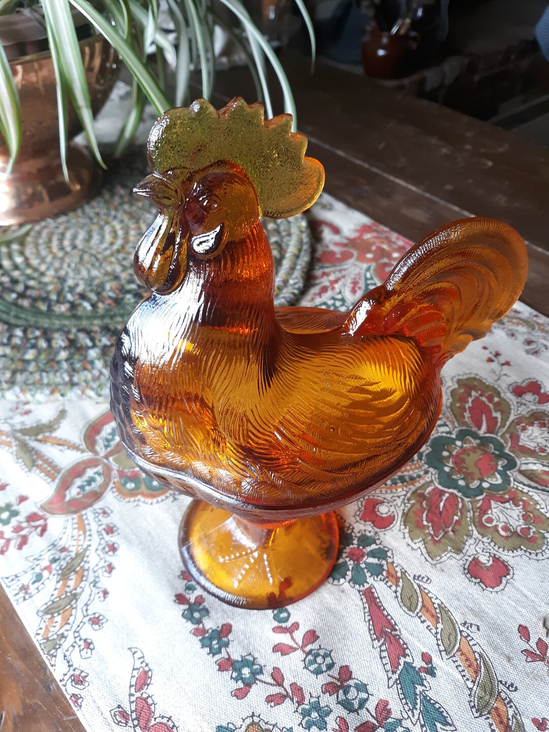 Vintage Honey Amber LE Smith Rooster Candy Dish, 1960's, Farmhouse ...