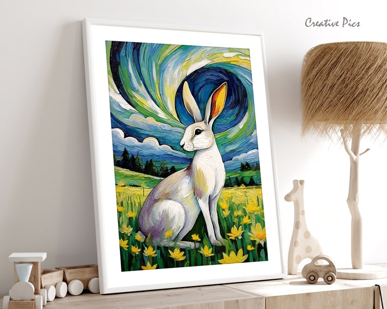 Whimsical Art Deco Hare Wall Art Painting Nature Wall Art Colourful ...