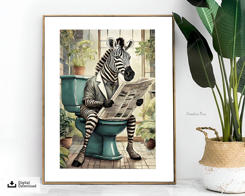 Zebra on Toilet Bathroom Print, Animal on Toilet Fun Bathroom Prints ...