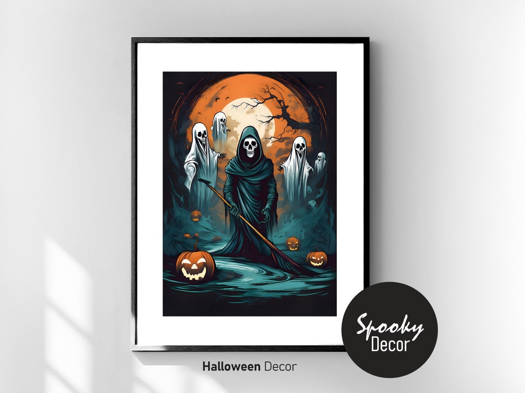 Grim Reaper & Ghost Art Print | Halloween Wall Decor for Kids | Spooky ...