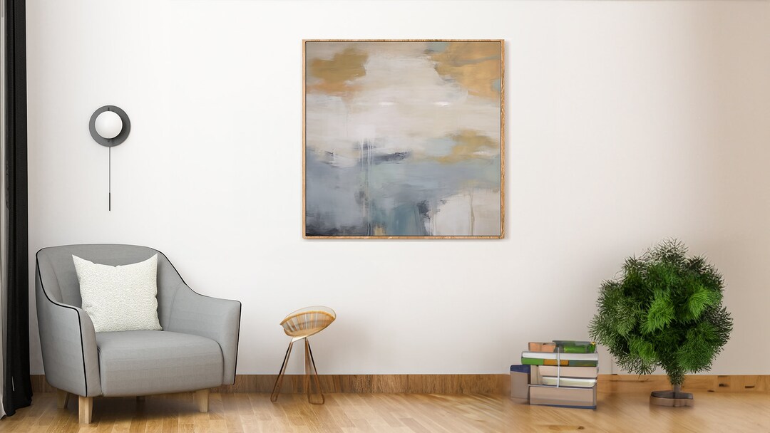 Original Large Square Abstract Painting, White Blue Contemporary Art ...