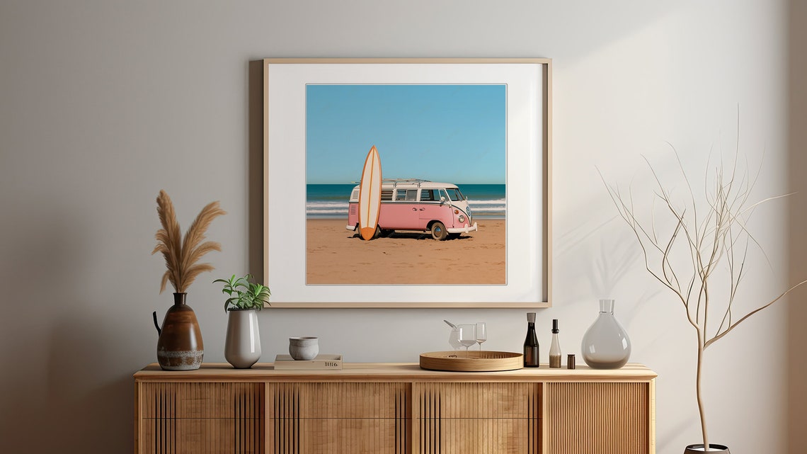 Retro Surf Van Art Print, Surf Print, Vintage Pink Volkswagen Bus on ...
