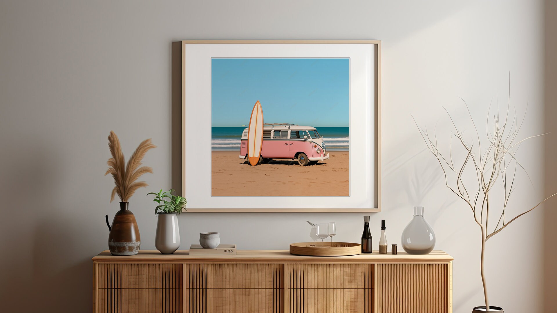Retro Surf Van Art Print, Surf Print, Vintage Pink Volkswagen Bus on ...