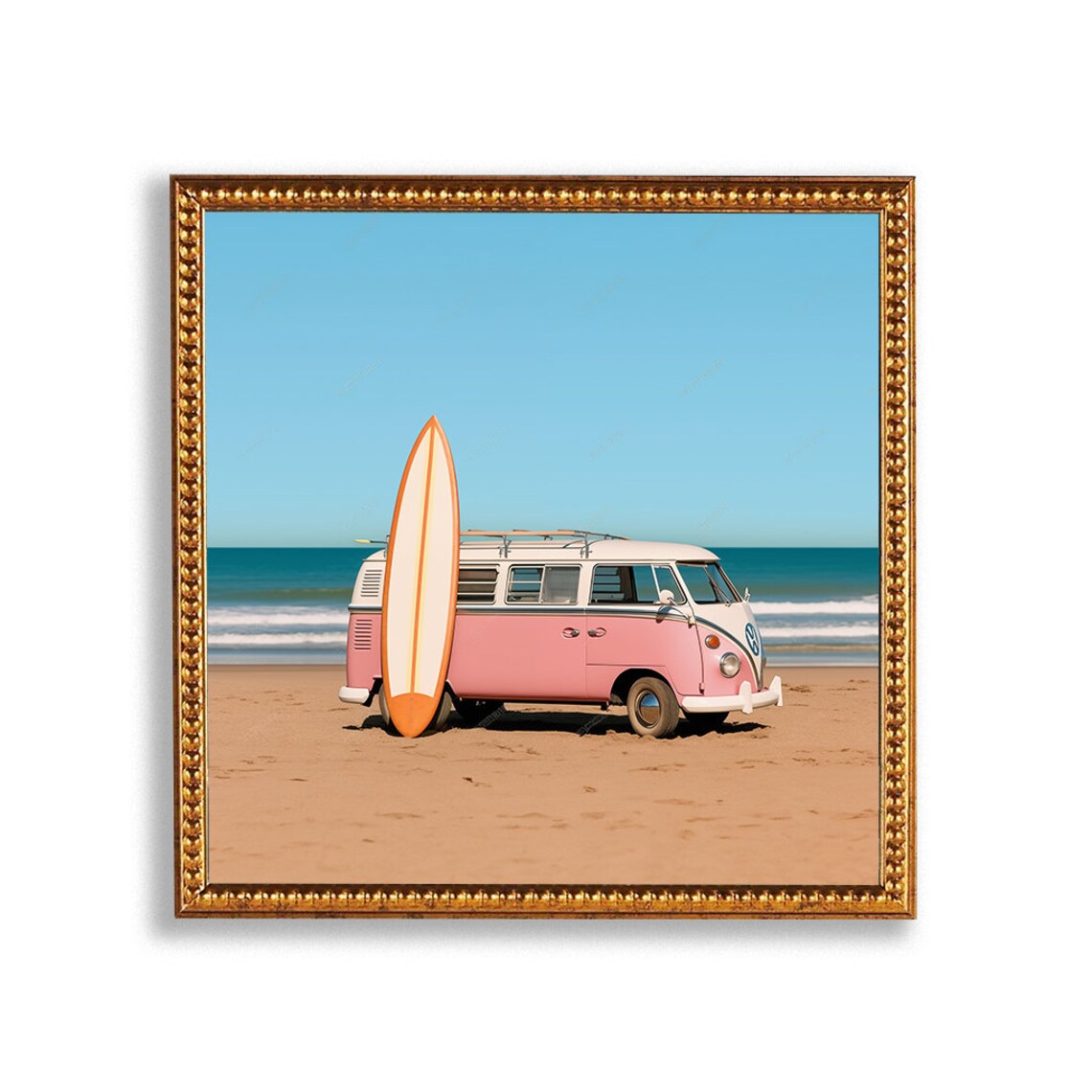 Retro Surf Van Art Print, Surf Print, Vintage Pink Volkswagen Bus on ...