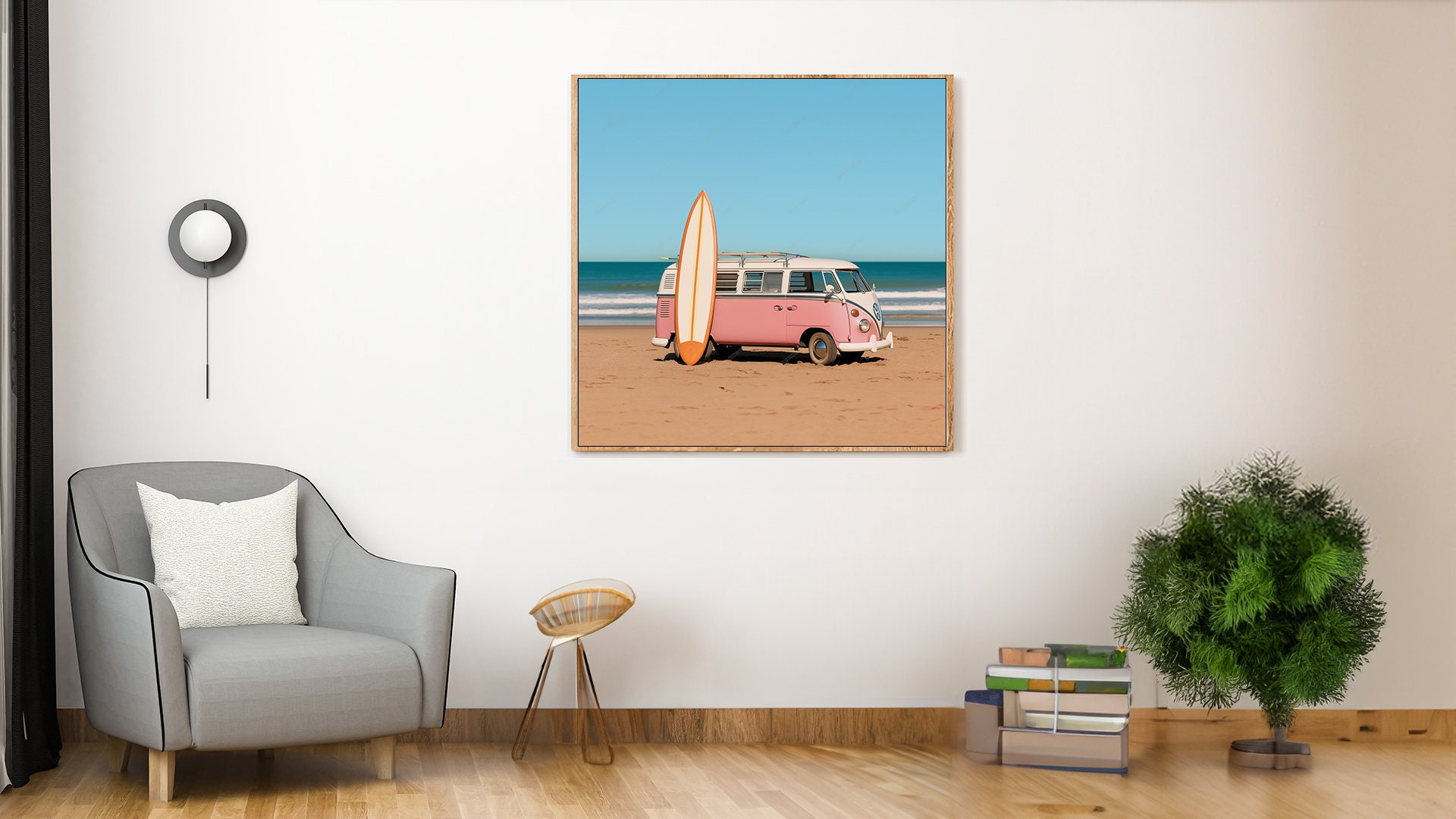 Retro Surf Van Art Print, Surf Print, Vintage Pink Volkswagen Bus on ...