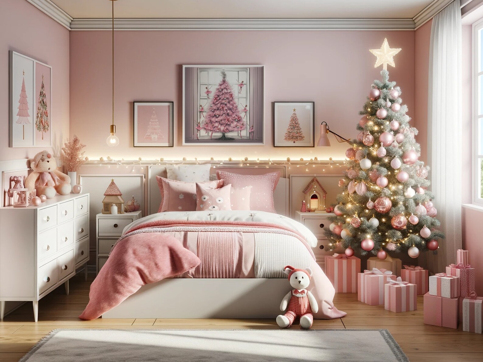 Ballerina Christmas Tree Illustration Pink Ballet Dancers With Festive ...