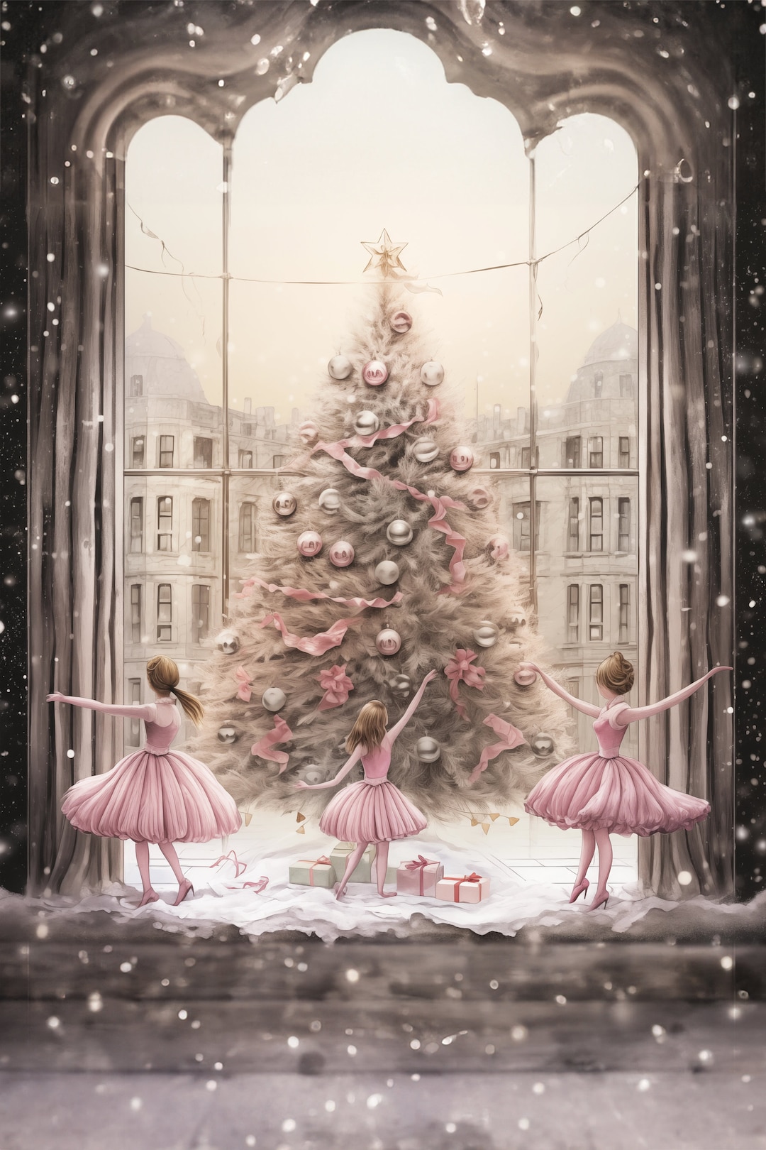 Ballet Dancers and Christmas Tree Whimsical Holiday Illustration ...