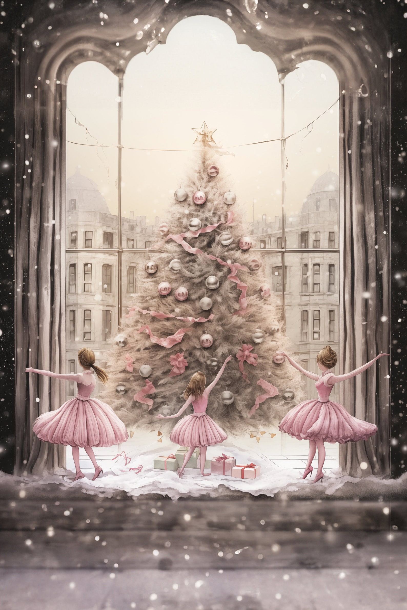Ballet Dancers and Christmas Tree - Whimsical Holiday Illustration ...