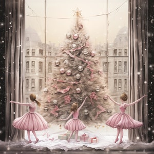 Ballet Dancers and Christmas Tree - Whimsical Holiday Illustration ...