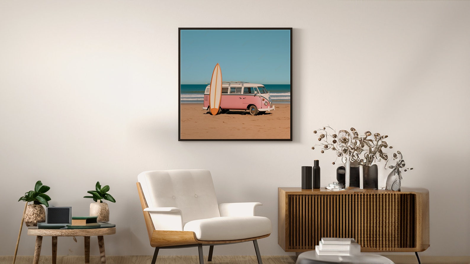 Retro Surf Van Art Print, Surf Print, Vintage Pink Volkswagen Bus on ...