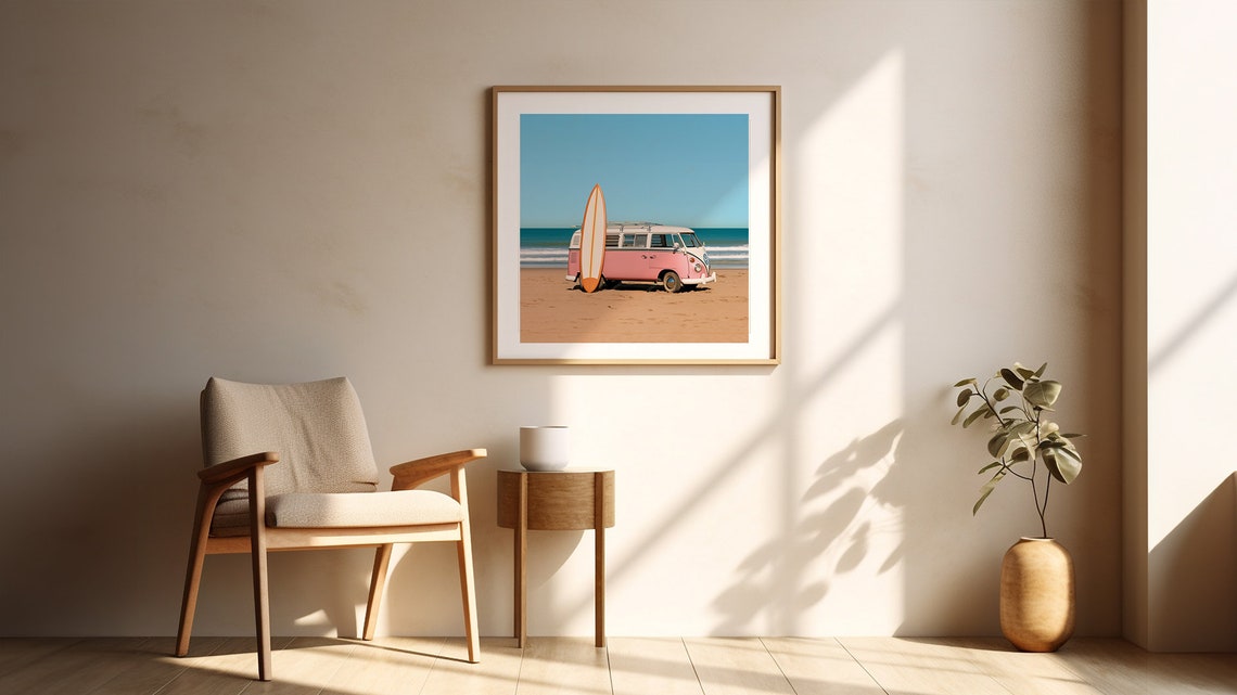 Retro Surf Van Art Print, Surf Print, Vintage Pink Volkswagen Bus on ...