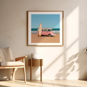 Retro Surf Van Art Print, Surf Print, Vintage Pink Volkswagen Bus on ...